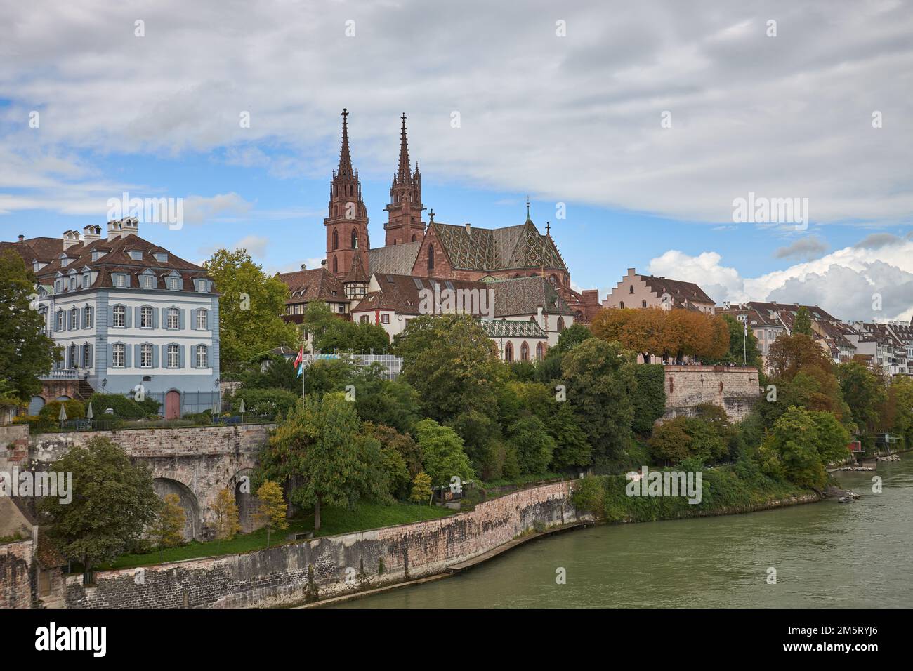 A view of the cathedral of Basilea in Suiza from the river Rio Stock ...