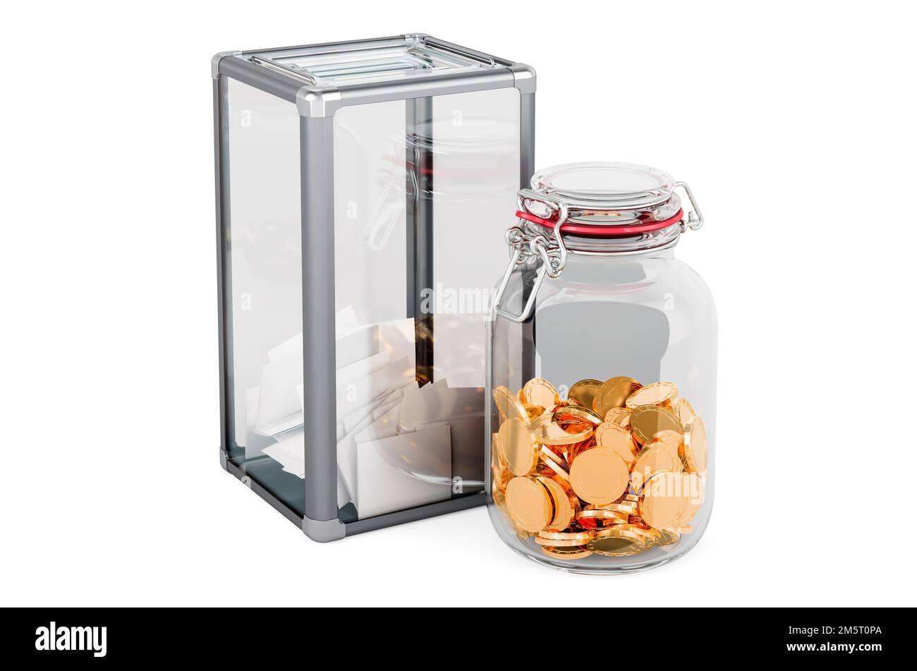 Ballot box with glass jar full of golden coins. Vote buying concept. 3D ...