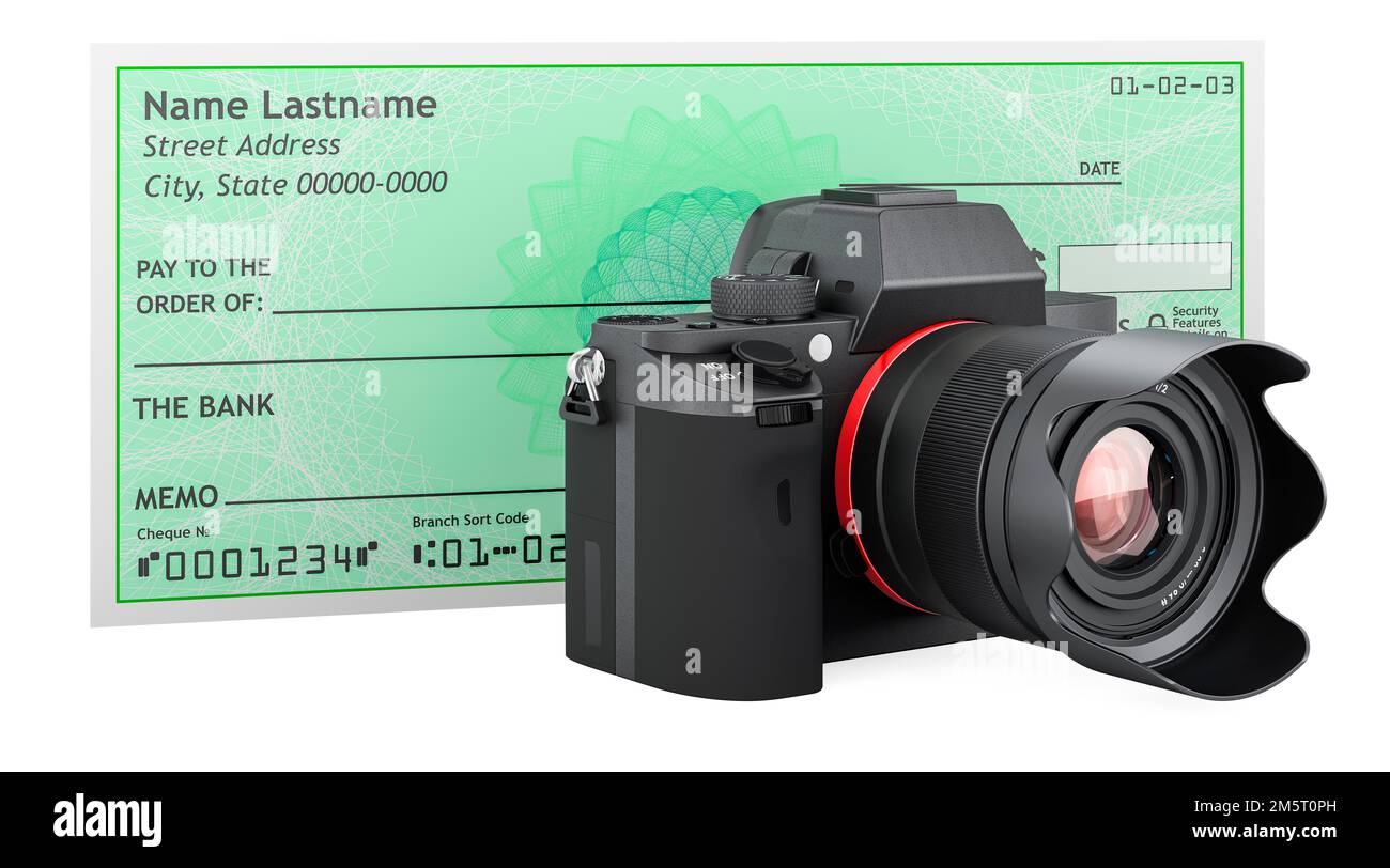 Digital camera with blank bank check, 3D rendering isolated on white ...