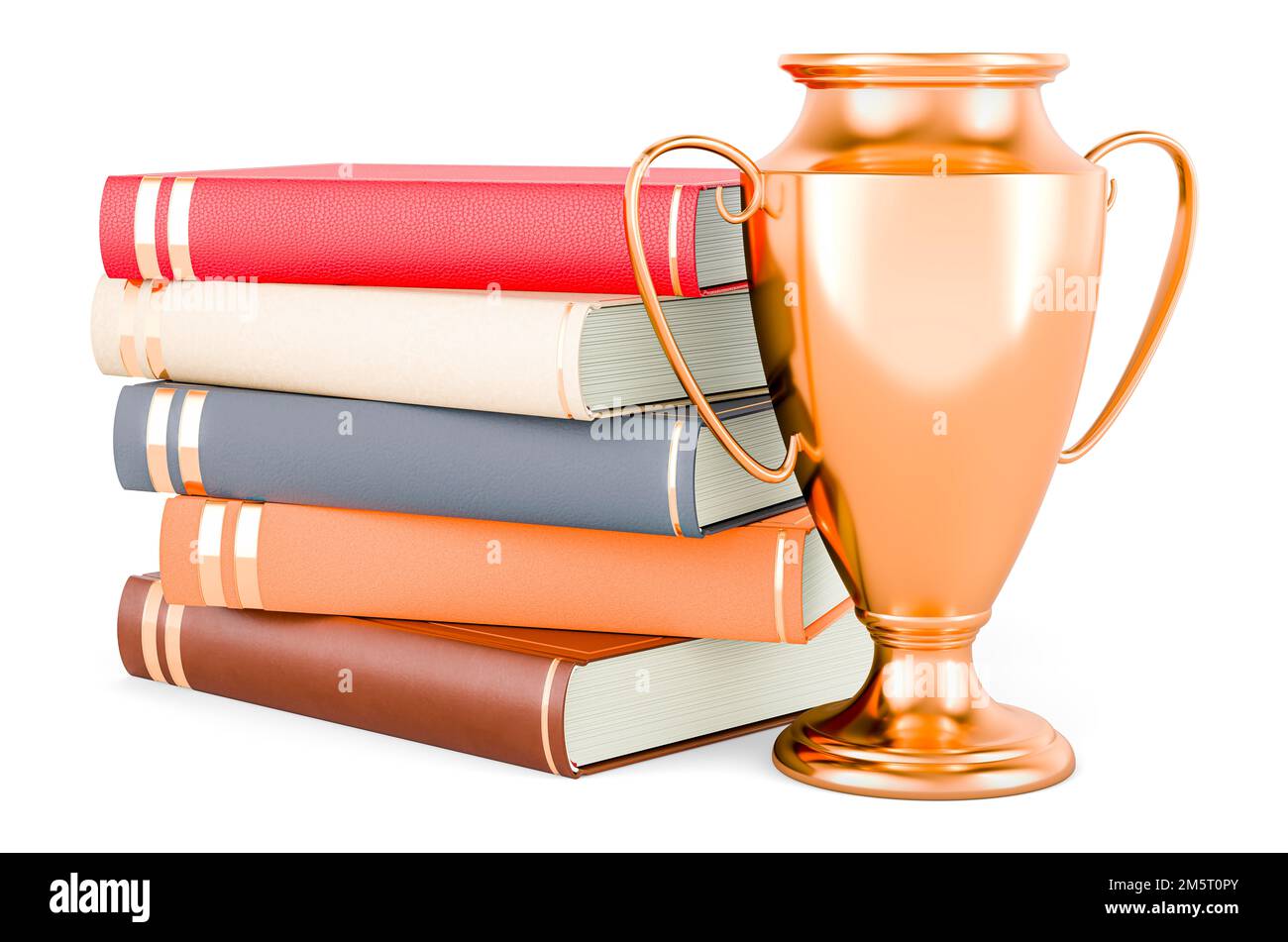 Books with gold trophy cup award, 3D rendering isolated on white ...