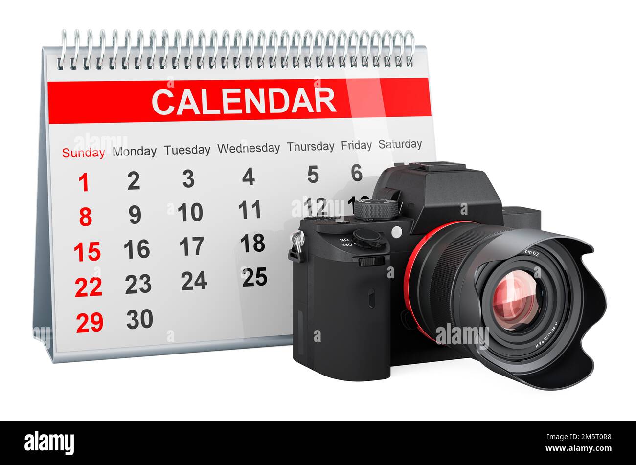Digital camera with desk calendar, 3D rendering isolated on white ...