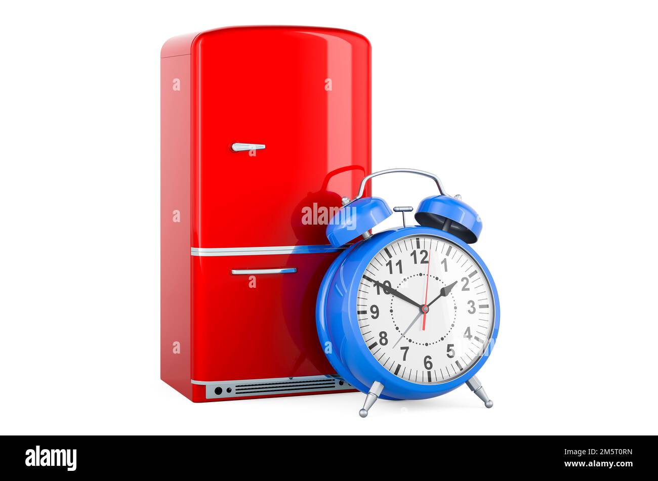 Fridge, retro design with alarm clock, 3D rendering isolated on white ...