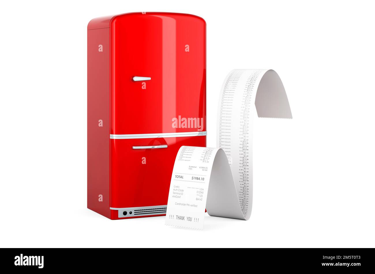 Fridge, retro design with printed receipts, bills. 3D rendering ...