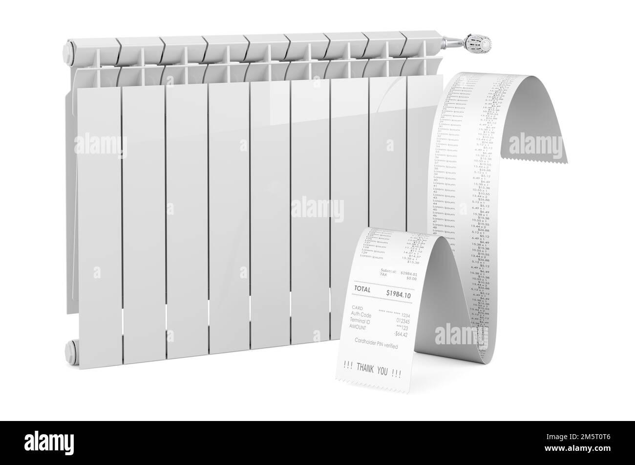 Heating radiator with printed receipt. 3D rendering isolated on white ...