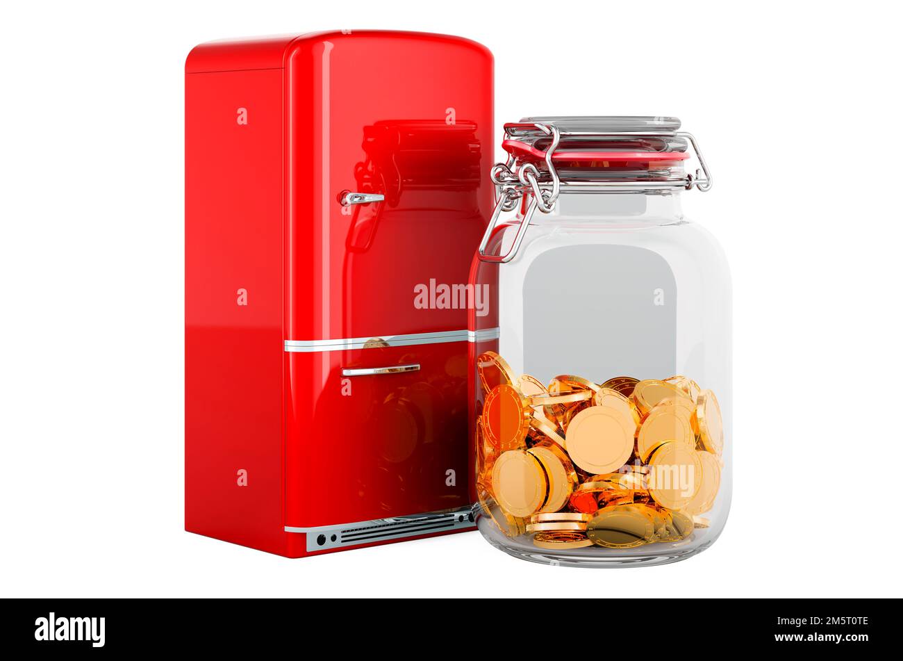 Fridge, retro design with glass jar full of golden coins, 3D rendering ...