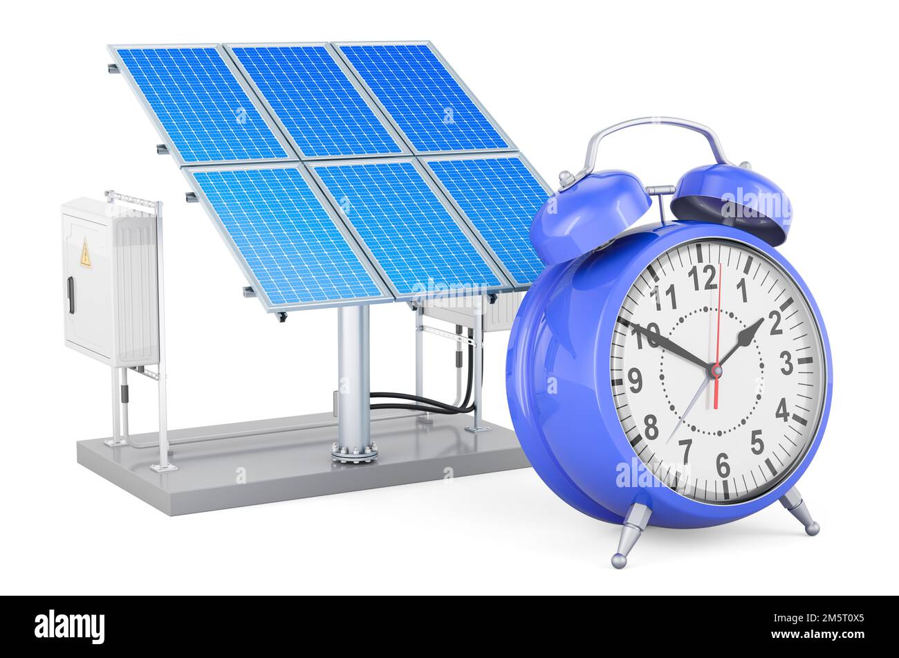 Solar panel with alarm clock, 3D rendering isolated on white background ...