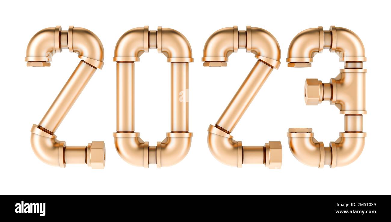 2023 concept with plumbing pipes, 3D rendering isolated on white background Stock Photo - Alamy