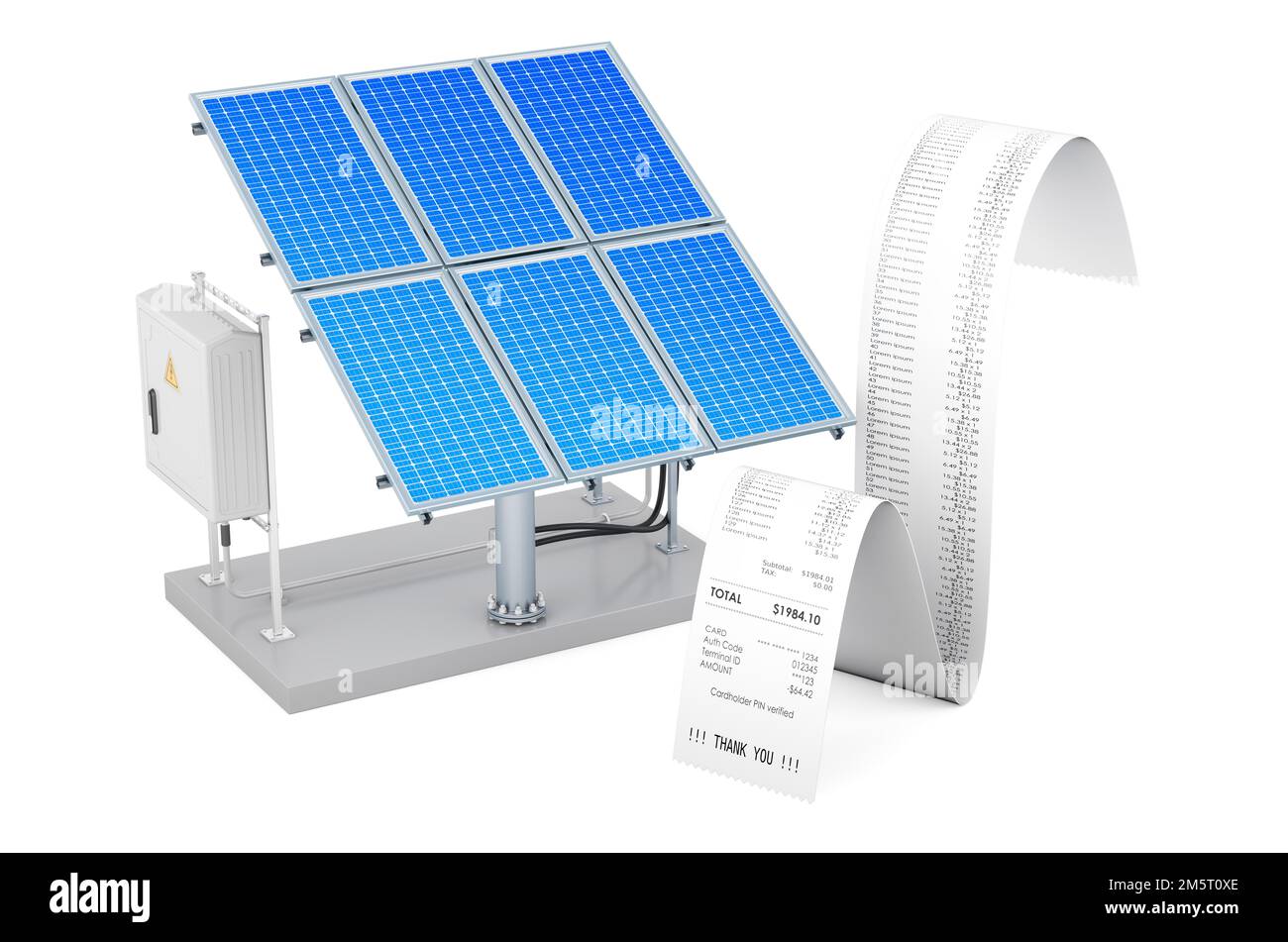 Solar panel with printed receipt, 3D rendering isolated on white ...