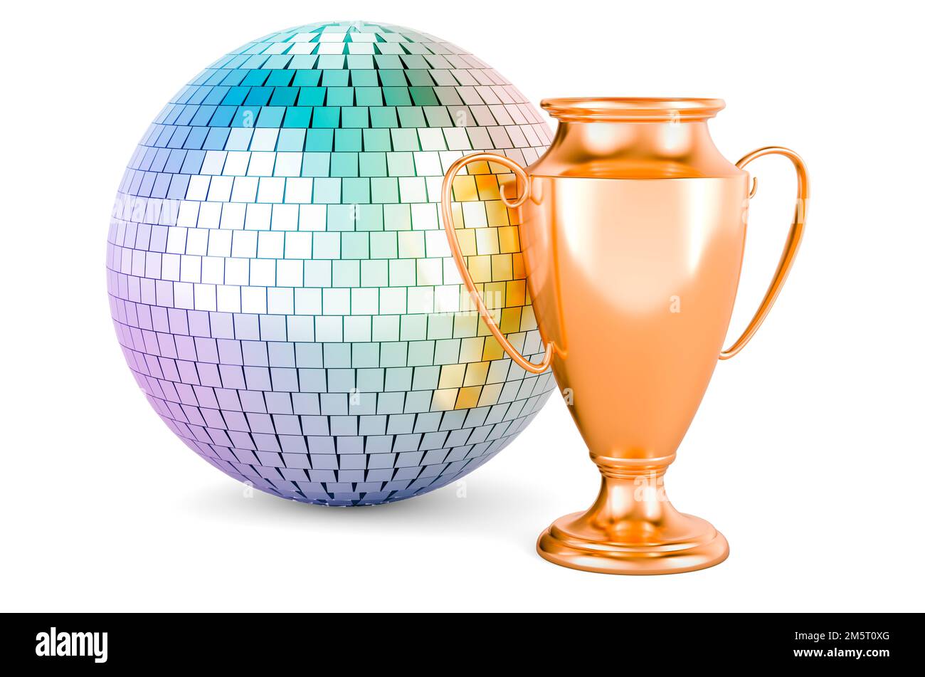 Mirror disco ball with gold trophy cup award, 3D rendering isolated on ...