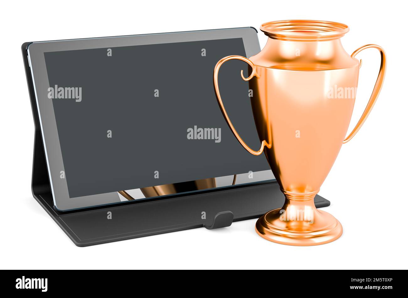 Tablet computer with gold trophy cup award, 3D rendering isolated on ...