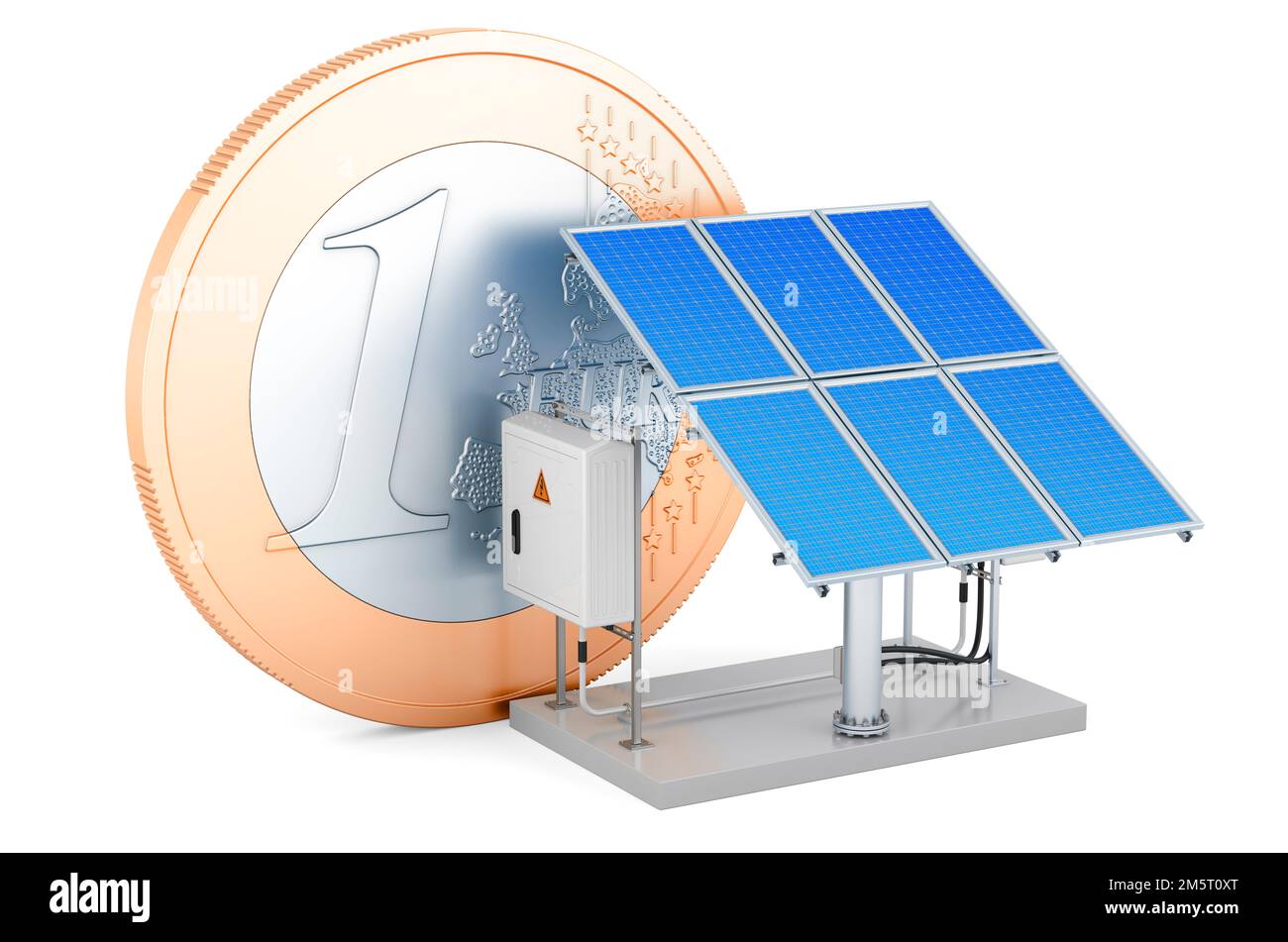 Solar panel with euro coin. Saving energy consumption concept, 3D ...