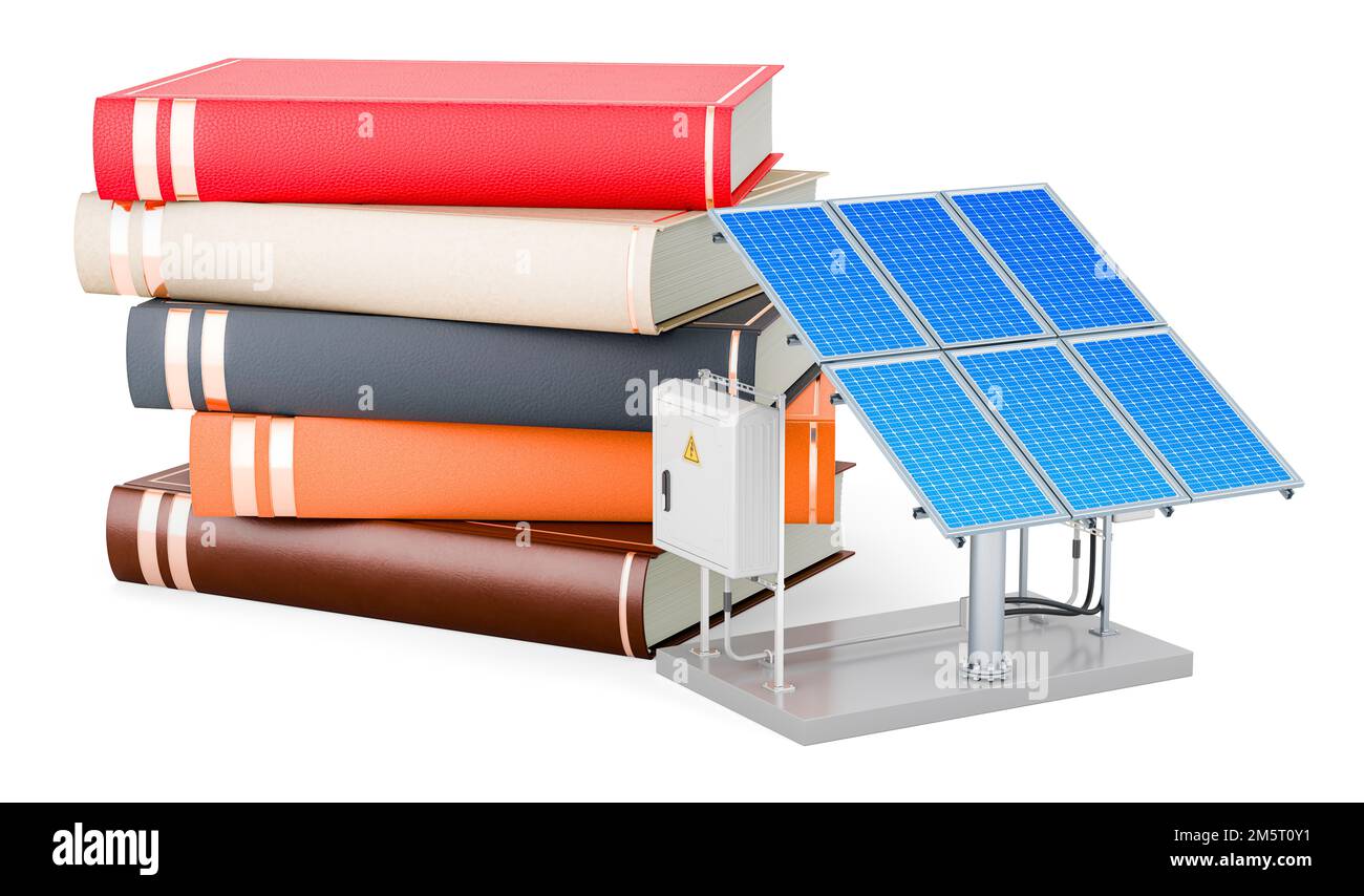 Solar panel with books, 3D rendering isolated on white background Stock ...