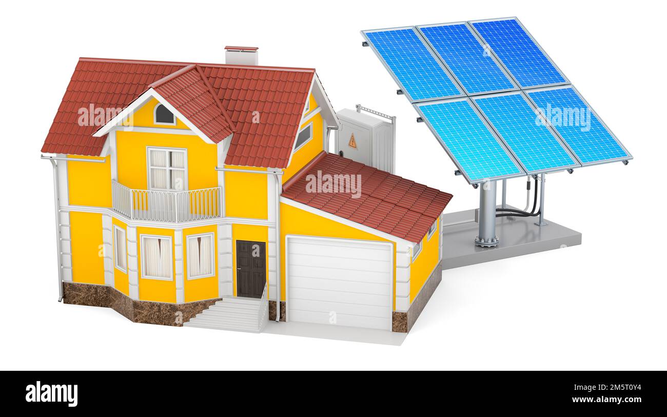 Solar panel with house, 3D rendering isolated on white background Stock ...