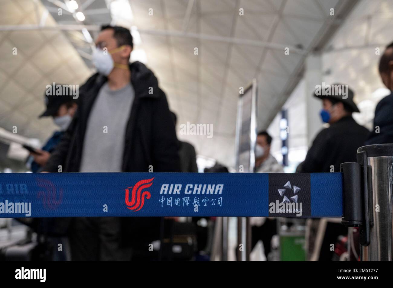 Air China logo at the check-in desk at Hong Kong's Chek Lap Kok ...