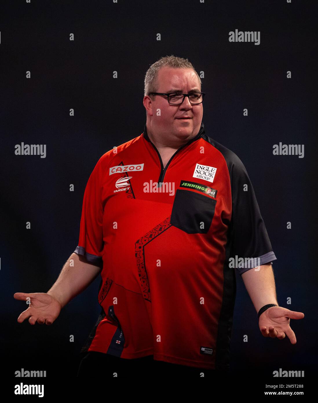 Stephen Bunting reacting during day thirteen of the Cazoo World Darts ...