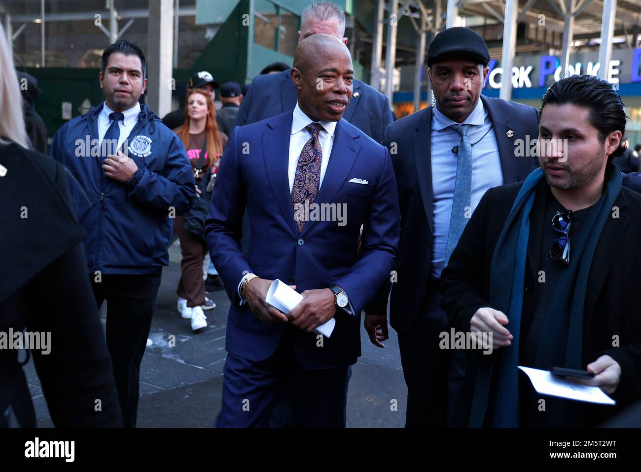 New York City, USA. 30th Dec, 2022. NYC Mayor Eric Adams leaves the New Years Eve security press ...