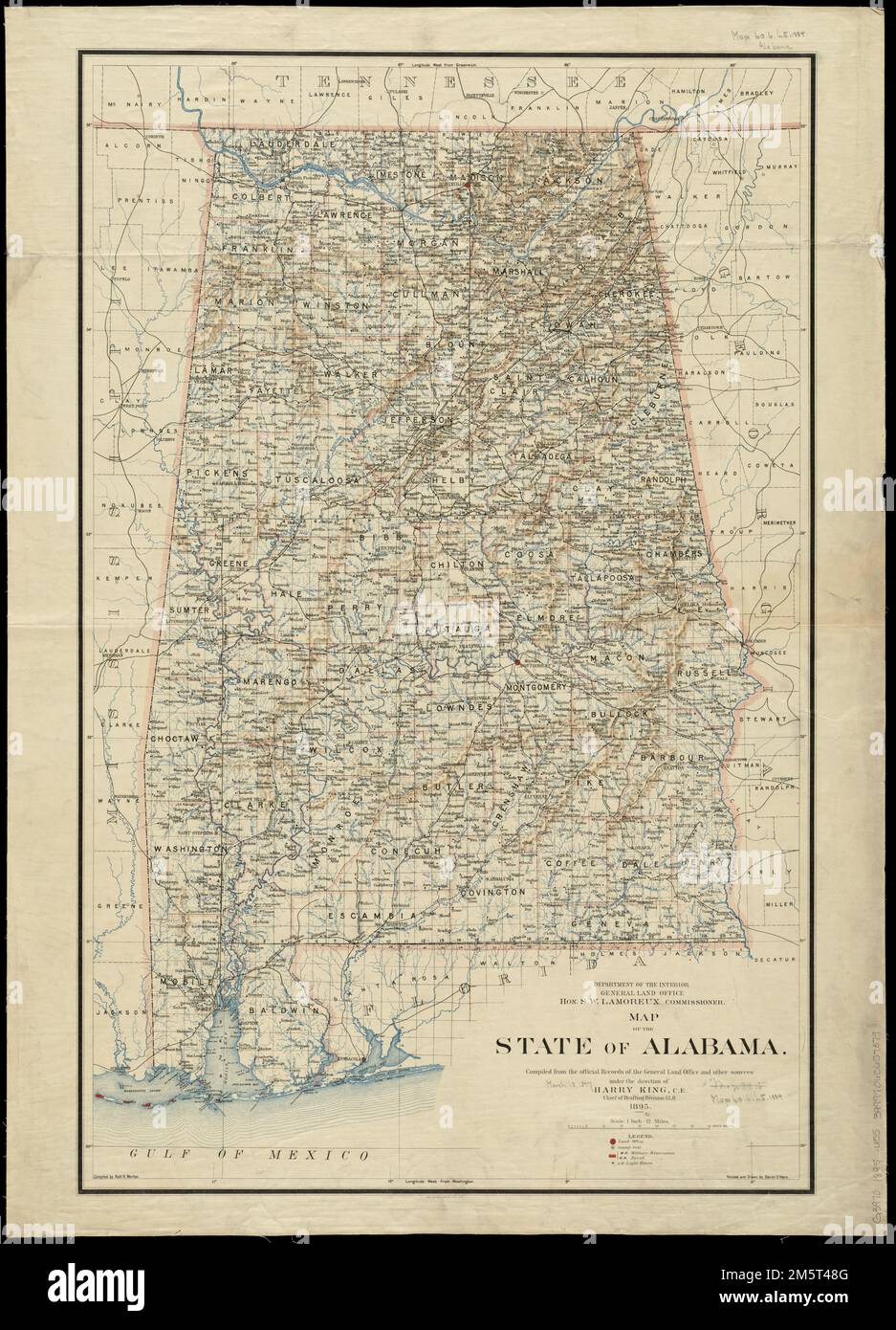 Map of the state of Alabama. Prime meridians: Washington and Greenwich ...