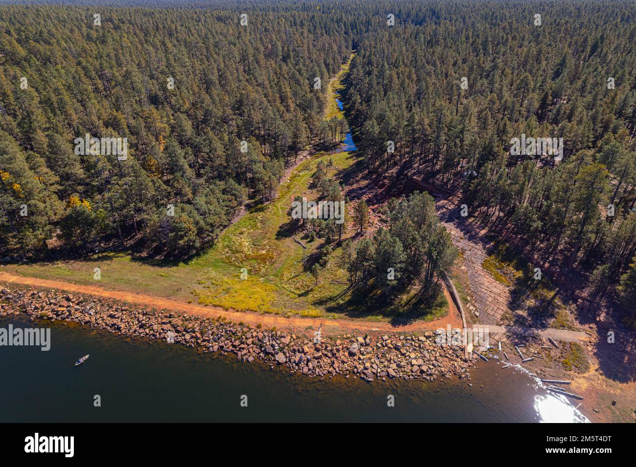 A high angle shot of Woods Canyon Lake and Sitgreaves National Forest ...
