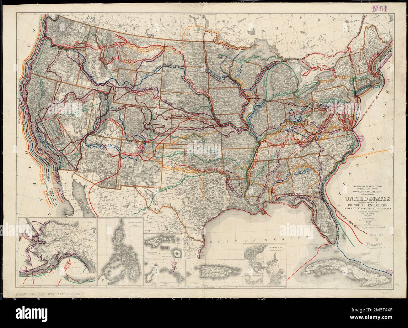 United States showing routes of principal explorers and early roads and ...