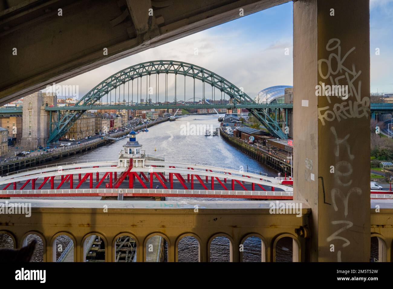 Newcastle Tyne Bridge and Quayside framed by High Level Bridge Stock ...
