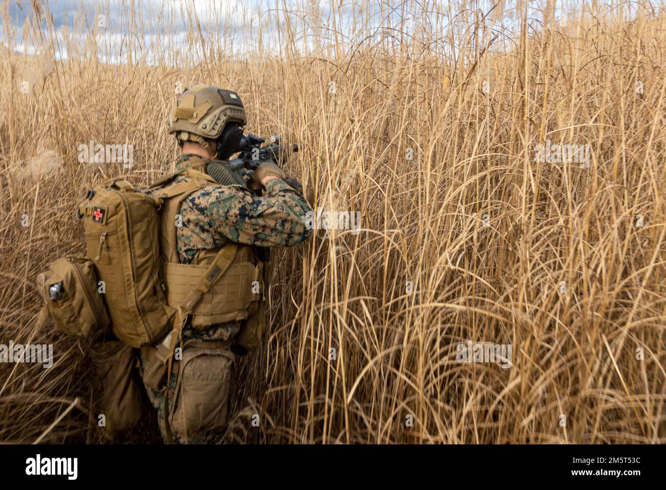 A U.S. Navy Hospital Corpsman with 1st Battalion, 2d Marines fires an ...