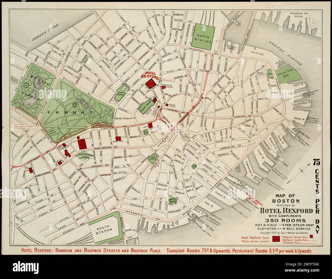 Map of Boston. Shows public buildings, theatres, parks, and streetcar ...