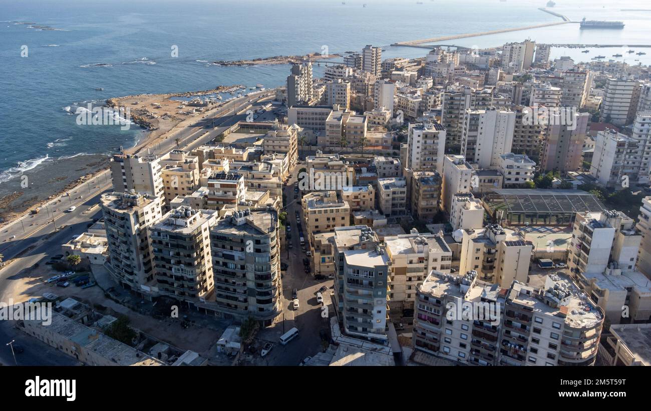 An aerial of the coastal cityscape of Tripoli, the largest city in ...