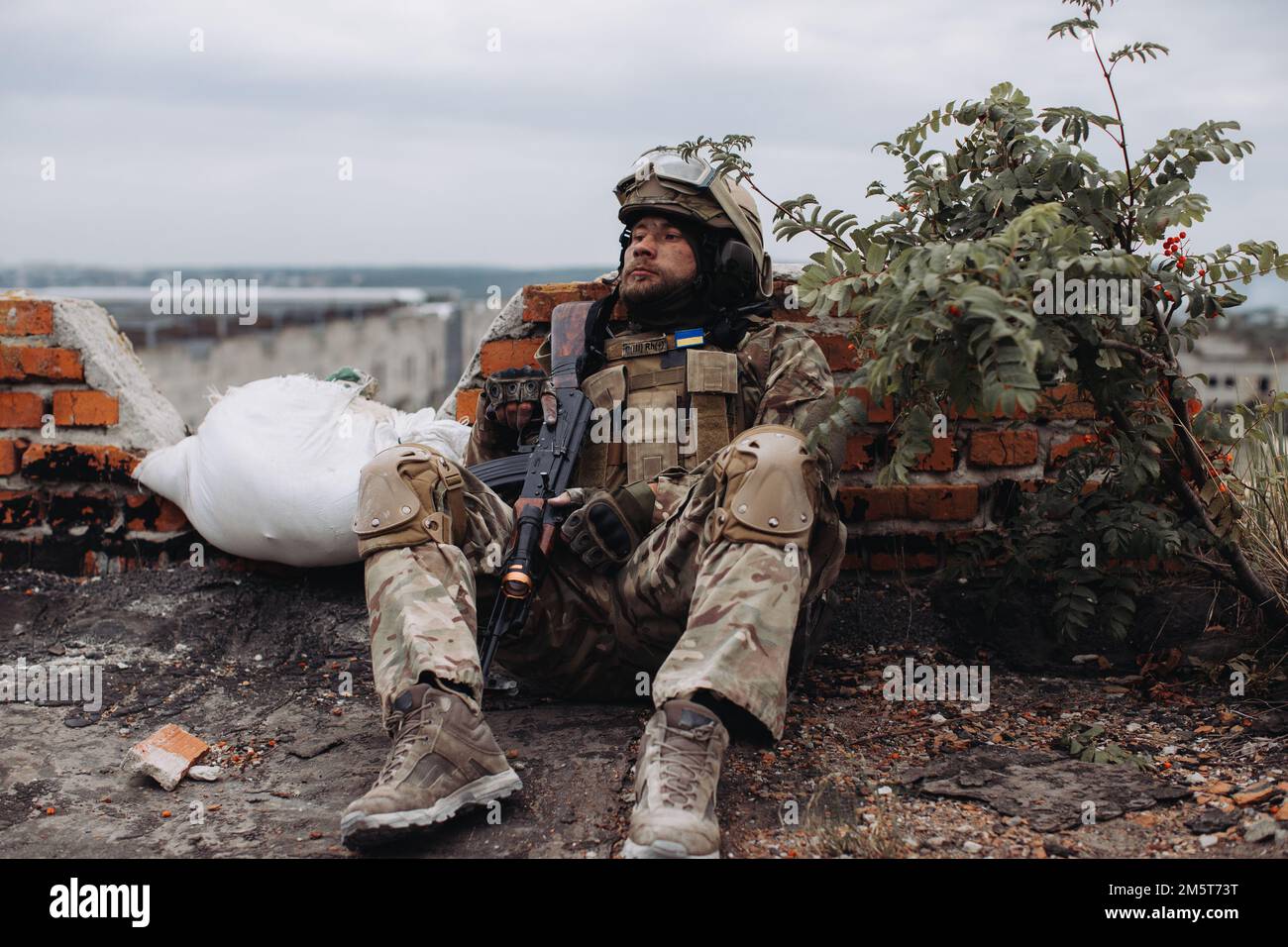 Portrait of a Ukrainian soldier in his combat position. War between ...