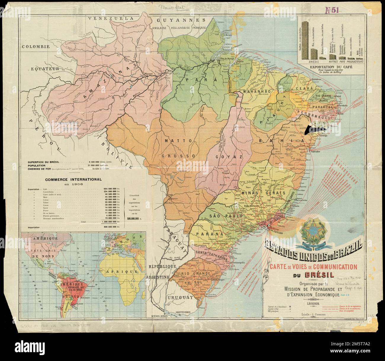 Carte de voies de communication du Brésil. Prime meridian: [Rio de ...