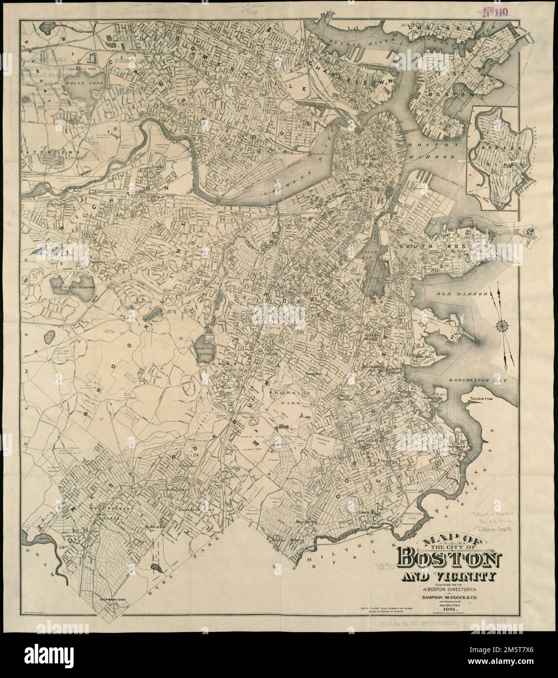 Map of the city of Boston and vicinity. Oriented with north toward the ...