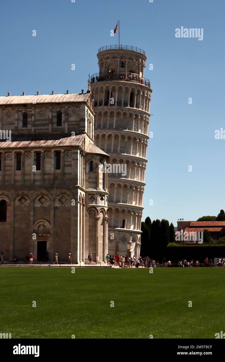 A beautiful view of the Leaning Tower of Pisa in Italy on a sunny ...