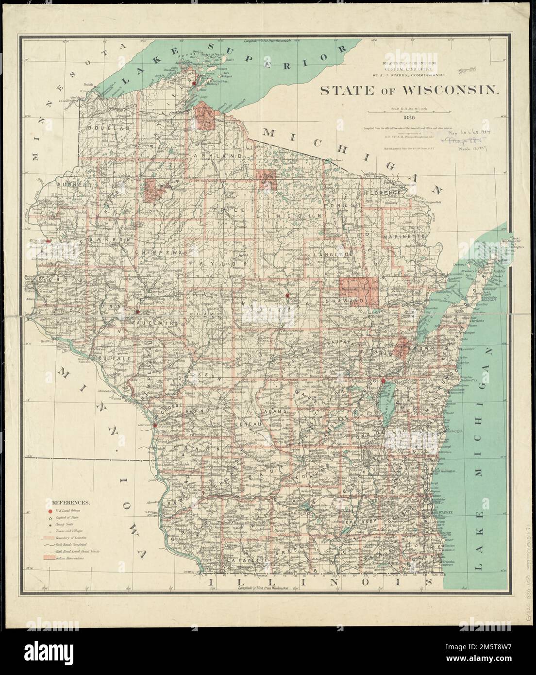 State of Wisconsin. Shows U.S. land offices, completed railroads ...