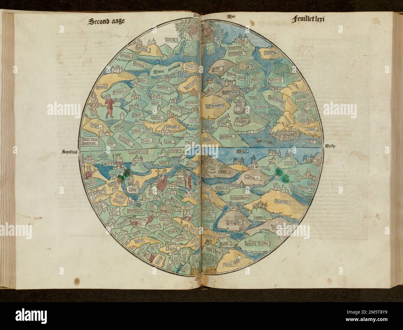 Circular world map. On leaf lxxi in ''La mer des hystoires'' (Paris ...