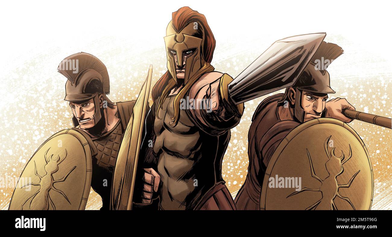 the hero achilles and his myrmidian warriors holding sword shield and ...