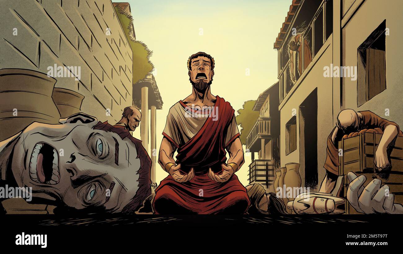 Greek nobleman screaming in despair, city street with fallen people ...