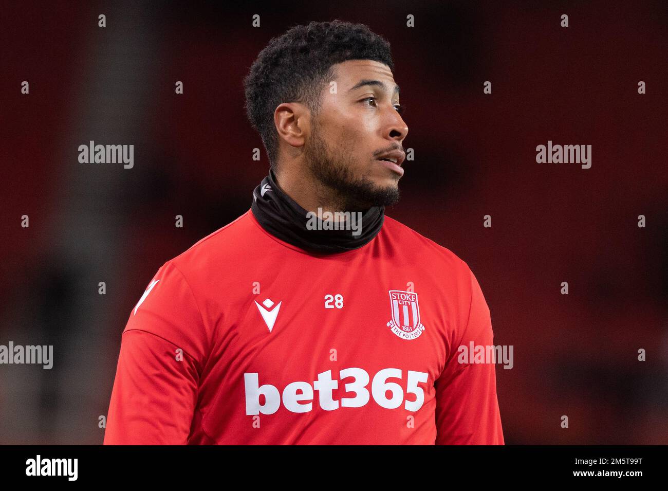 Josh Laurent #28 of Stoke City warms up before the Sky Bet Championship ...