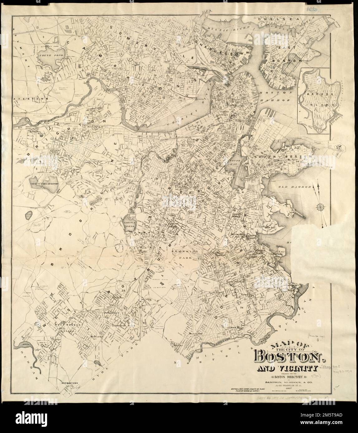 Map of the city of Boston and vicinity. Oriented with north toward the ...