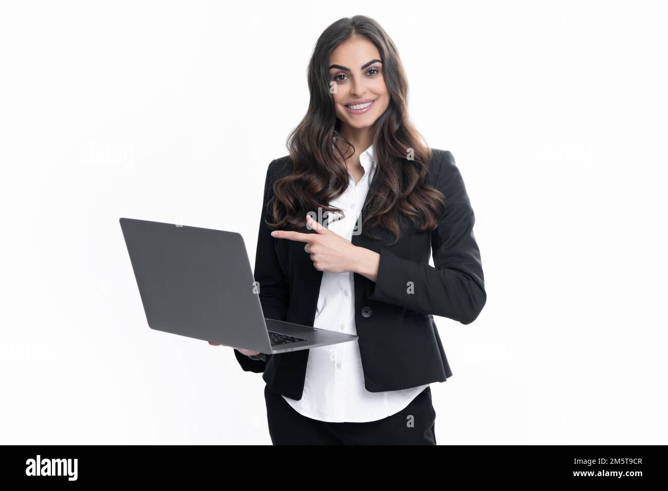Portrait of positive cheerful ceo expert business woman work at laptop ...