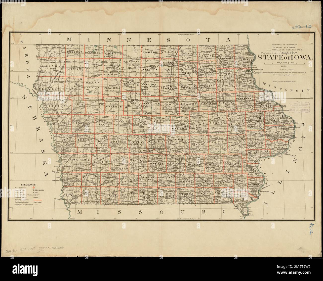 State of Iowa. Relief shown by hachures. Shows drainage, county ...