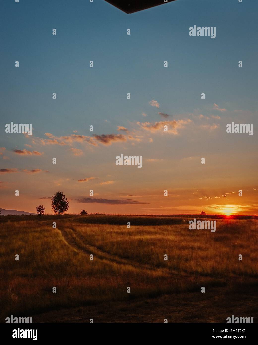 A vertical of the glowing sun seen going down a scenic landscape of a ...