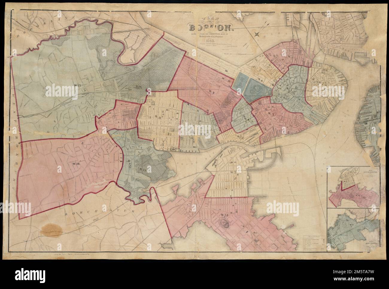 Plan of Boston. Shows wards, streets, railroads and radial distances ...