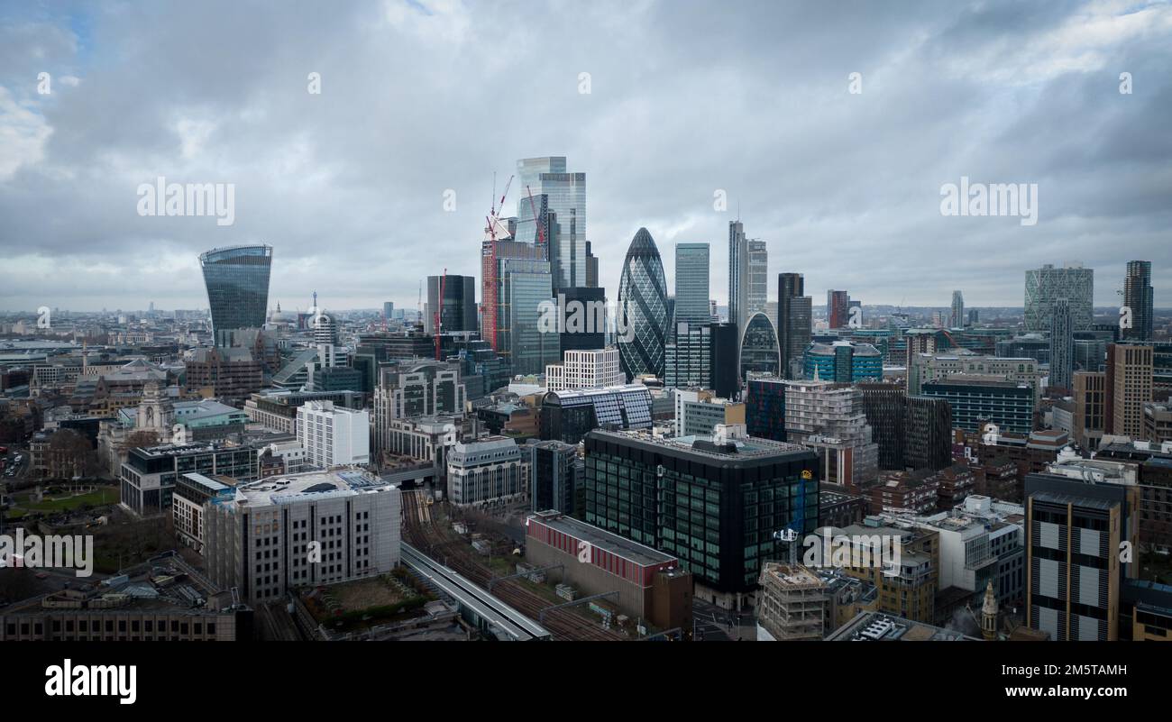 Amazing aerial view over the City of London with its iconic buildings ...