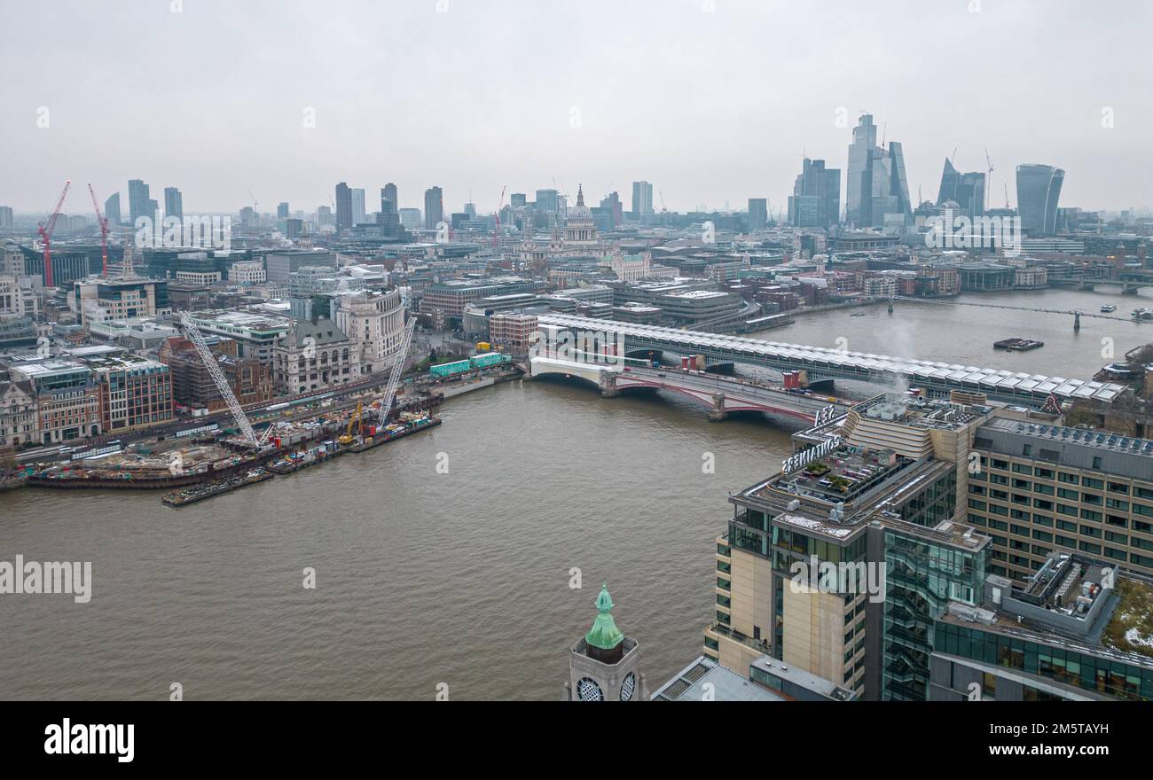 London and Tower Bridge over River Thames on a foggy day - LONDON, UK ...