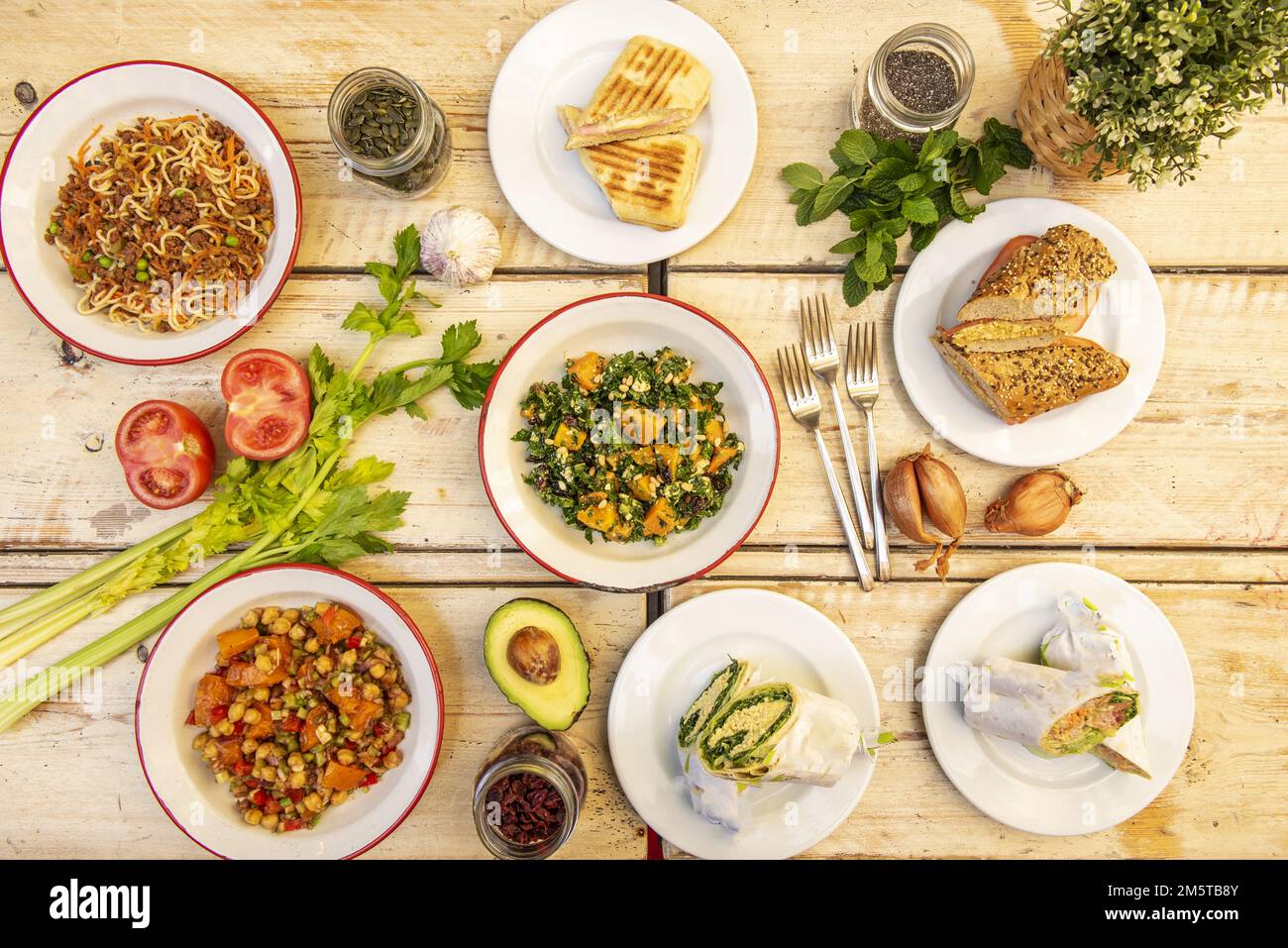 Healthy food snacks and plates set with vegan salads, snacks with ...