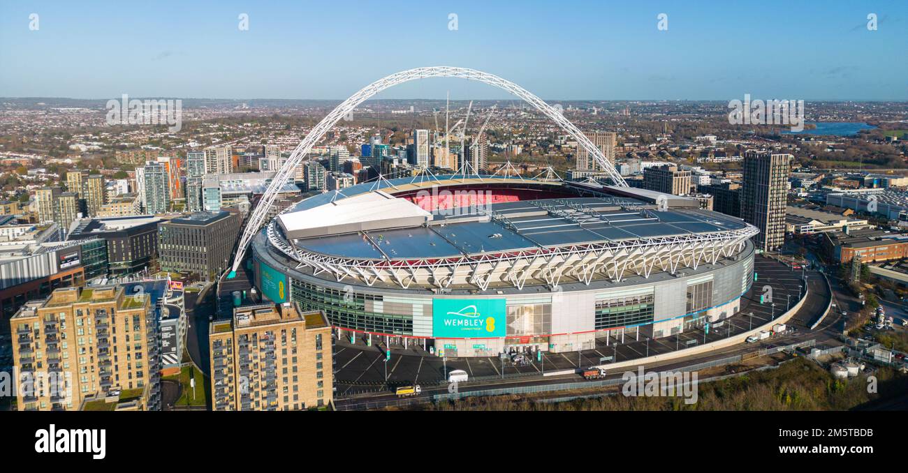 Aerial view over Wembley stadium in London on a sunny day - LONDON, UK ...