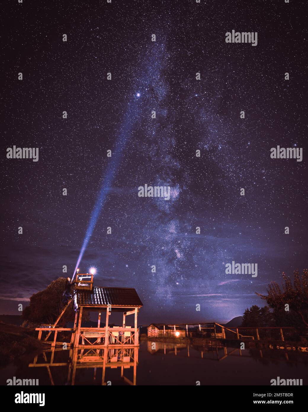 A man putting flashlight up to night stars sky Stock Photo - Alamy
