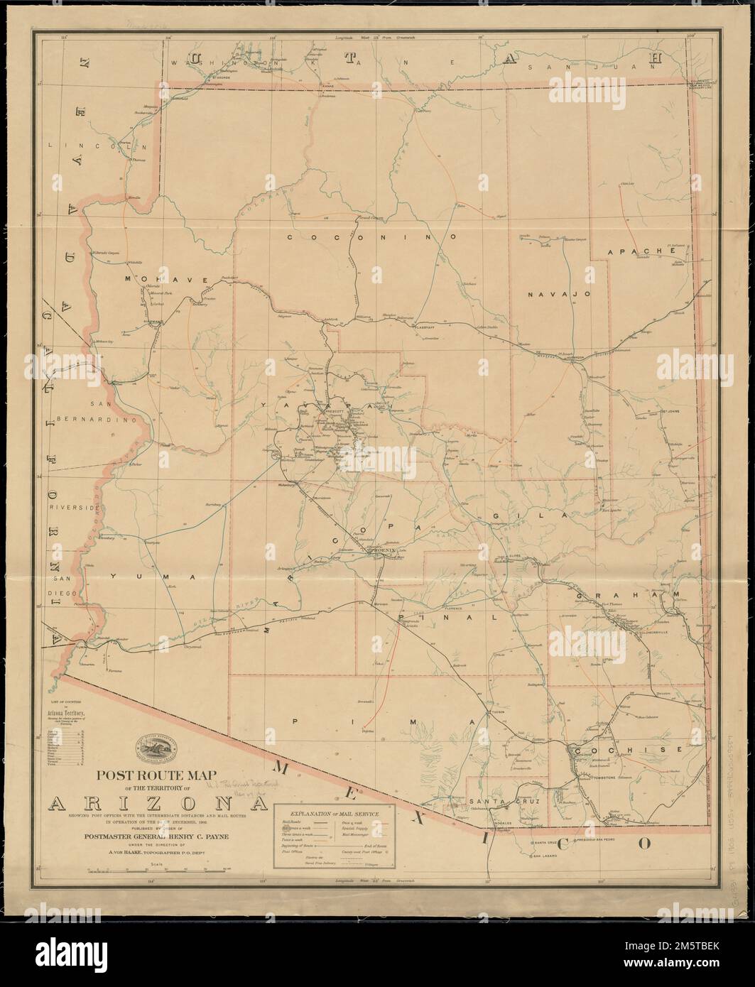 Post route map of the territory of Arizona showing post offices with ...