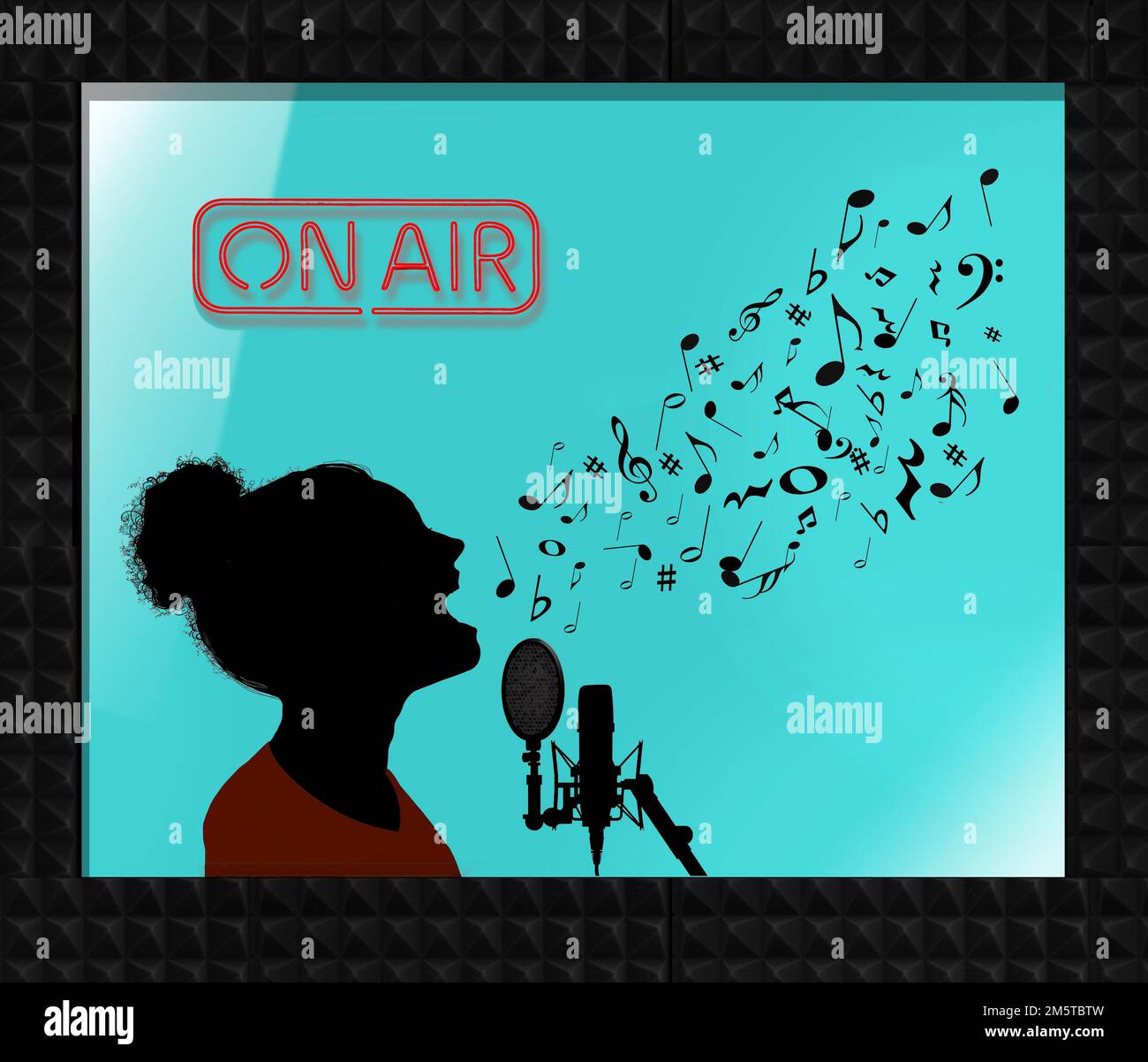 A young woman is seen singing with notes and other musical symbols ...