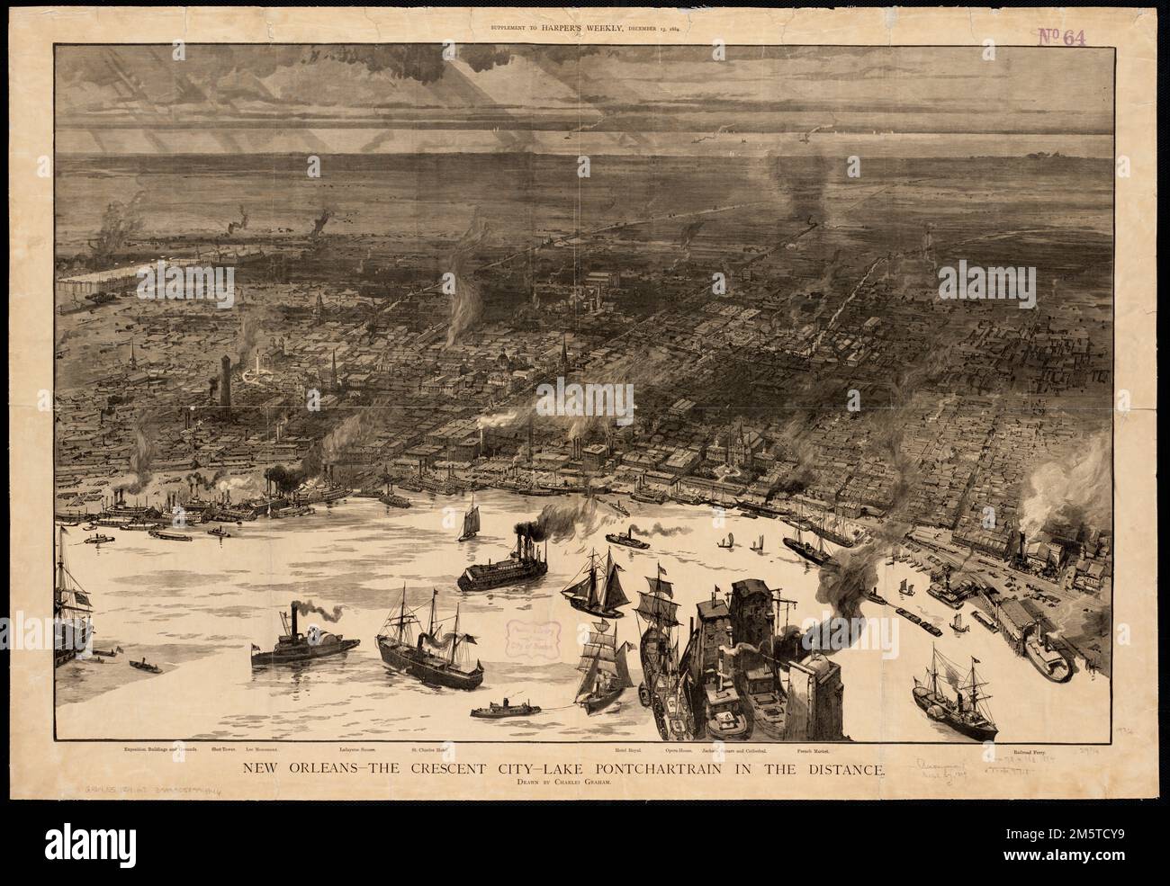 New Orleans, the Crescent City, Lake Ponchartrain in the distance. Bird ...