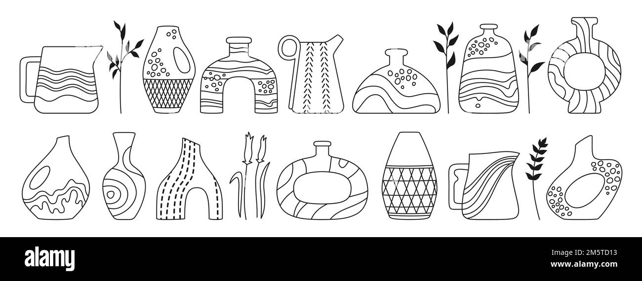 Vase shape and ceramic pot, jug or jar bottles linear doodle set. Cozy ...